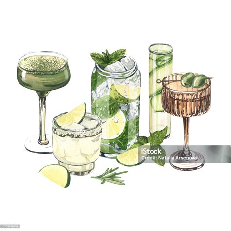수채화 그룹 칵테일 잔 Matchatini 데킬라 모히토 마티니 및 오이 물 손으로 그린 그림은 흰색 배경에 분리되어 있습니다 알코올 음료가 들어간 레시피 목록 카페에 딱