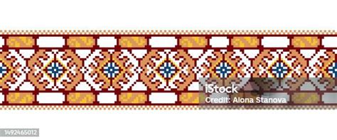 우크라이나어 Vyshyvanka 기하학적 벡터 장식 테두리 패턴입니다 노란색과 파란색의 우크라이나 전통 Vyshyvanka 자수 픽셀 아트 십자수 0명에 대한 스톡 벡터