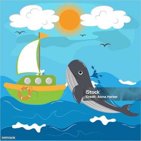 Ilustrasi Dengan Kapal Dan Ikan Paus Di Laut Ilustrasi Stok Unduh