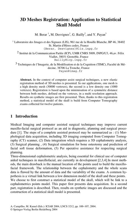 Pdf 3d Meshes Registration Application To Statistical Skull Model