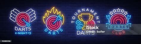 네온 사인의 컬렉션을 다트 게임 벡터 일러스트입니다 밝은 야간 다트 광고 네온 로고 기호 경량 배너 디자인 프로젝트에 대 한 서식 파일 다트에 대한 스톡 벡터 아트 및 기타