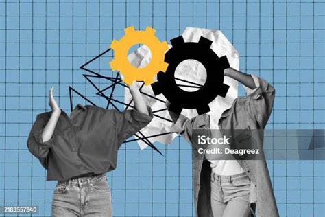 복합 트렌드 아트 워크 스케치 이미지 사진 콜라주 머리가없는 젊은 여자 팀 톱니바퀴 동료 퍼즐 메커니즘 시작 퍼즐 2명에 대한 스톡 사진 및 기타 이미지 Istock