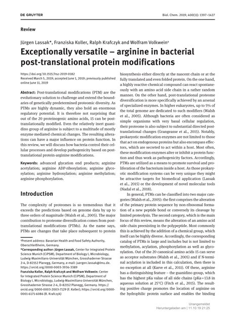 Pdf Exceptionally Versatile Arginine In Bacterial Post Translational Protein Modifications