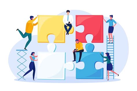 함께 해결책을 찾으려고 노력하는 퍼즐 조각을 연결하는 작은 사람들 효과적인 워크플로 팀워크 비즈니스 협력 파트너십 및 협업 프리미엄 벡터