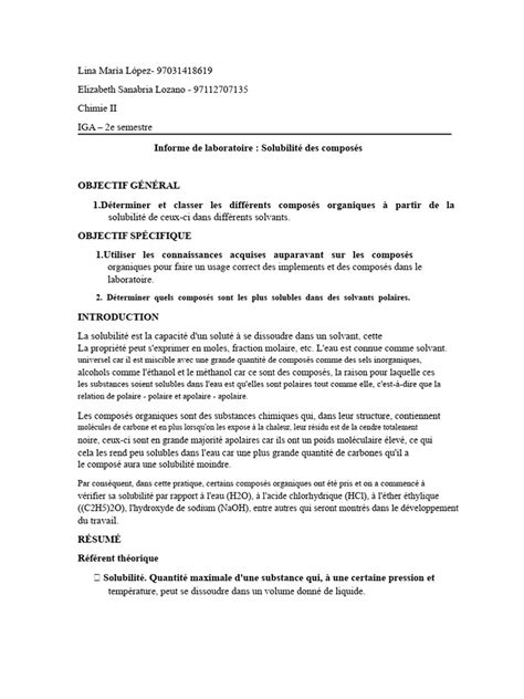 Rapport Sur La Solubilité Pdf Solvant Polarité Chimie