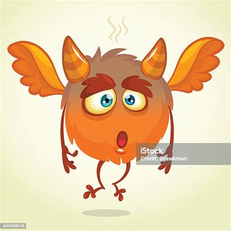 귀여운 만화 비행 괴물은 놀랐다 할로윈 벡터 푹신한 오렌지 괴물 갈고리 발톱에 대한 스톡 벡터 아트 및 기타 이미지 갈고리