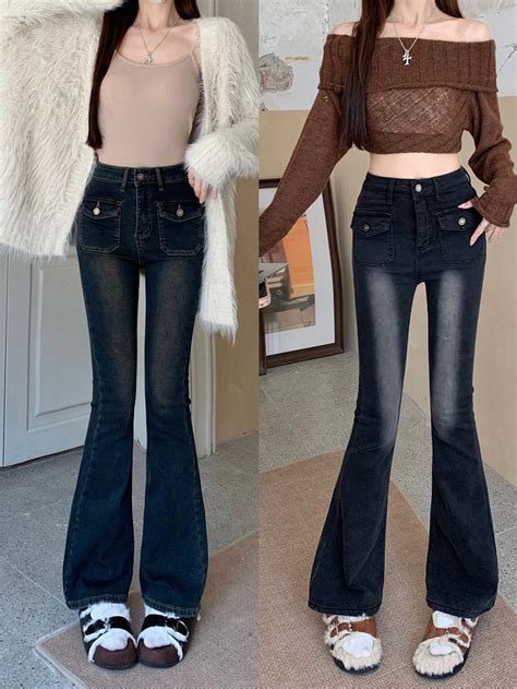 레트로 플리스 퍼 엣지 슬림 마이크로 플레어 청바지