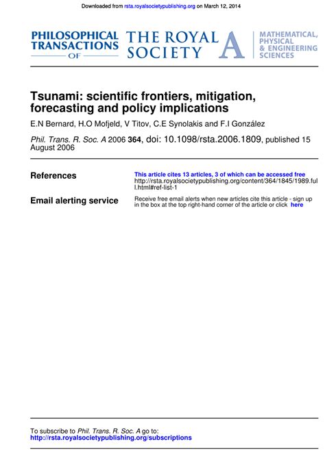 Pdf Tsunami Scientific Frontiers Mitigation Forecasting And Policy Implications
