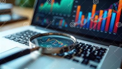 Laptop Displaying Colorful Interactive Data Analytics Charts Graphs Magnifying Glass Focuses