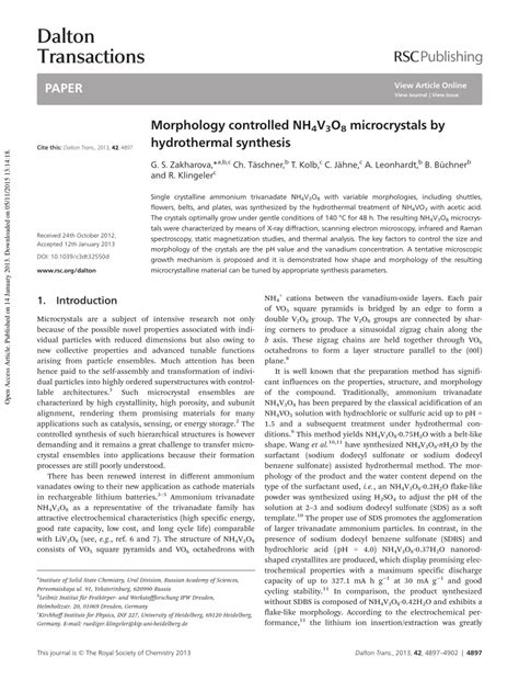Pdf Morphology Controlled Nh4v3o8 Microcrystals By Hydrothermal Synthesis