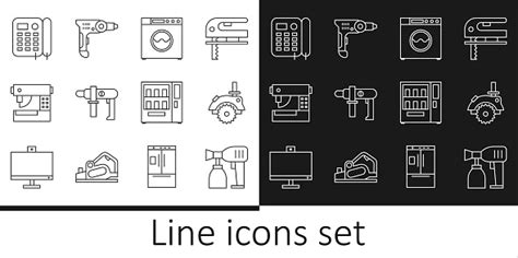 세트 라인 페인트 스프레이 건 전기 원형 톱 와셔 드릴 머신 재봉 전화 자동 판매기 및 아이콘 벡터 공예에 대한 스톡 벡터 아트