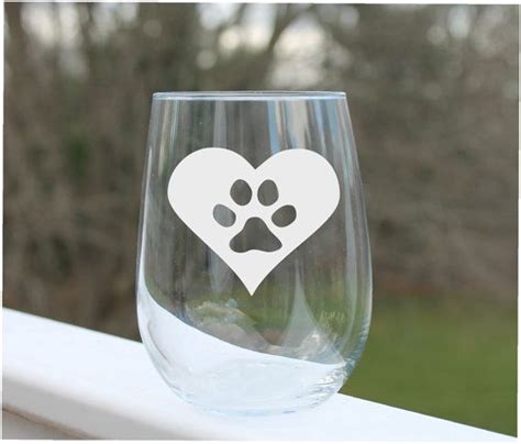 Etched Wine Glasses Paw Print Heart Stemless Wine Glass Engraved