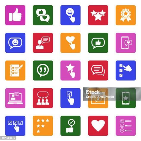 사용 후기 아이콘 정사각형의 흰색 플랫 디자인 벡터 일러스트레이션 Brand Name Online Messaging Platform에 대한 스톡 벡터 아트 및 기타 이미지