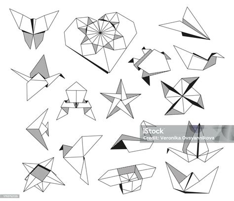 종이 접기 접힌 종이 모양 새 기중기 개구리 나비 상자 튤립 플랫 일러스트레이션 컬렉션 라인 그래픽 아트 아이콘 세트입니다 0명에 대한 스톡 벡터 아트 및 기타 이미지