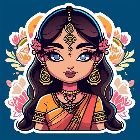 Junge Süße Indische Mädchen Handgezeichnete Cartoon Aufkleber Symbol