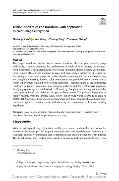Trinion Discrete Cosine Transform With Application To Color Image Encryption Request Pdf