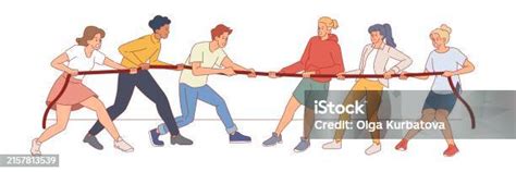 줄다리기 두 종족 그룹 간의 대결 경쟁과 비즈니스 경쟁 남자와 여자가 반대쪽 끝 밧줄 팀워크 게임 갈등 기호 벡터 만화 평면