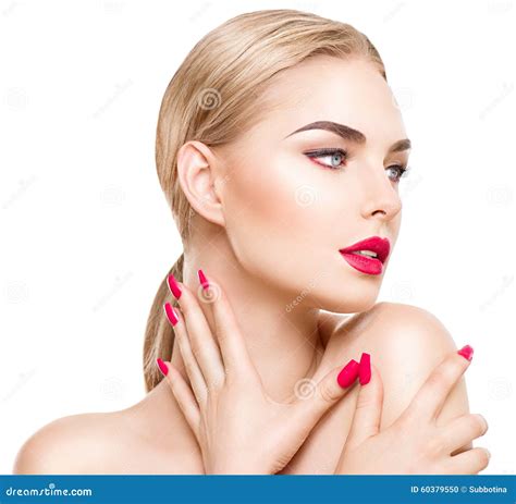 Portrait Of Glamour Girl With Bright Makeup Isolated On White Stock