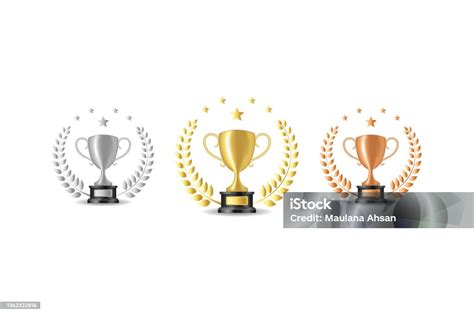 골드 실버 브론즈 트로피 컵 게임 우승자 상금 컵 월계수 화환과 잔상 아이콘 벡터 일러스트 상에 대한 스톡 벡터 아트 및 기타