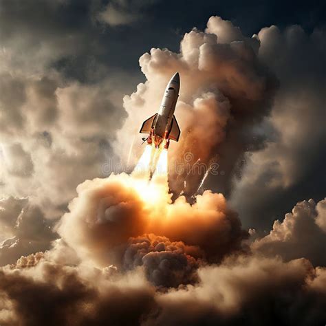 Space Rocket Launch Ship Spaceship Takes Off In Starry Sky Rocket Space Ship Stock