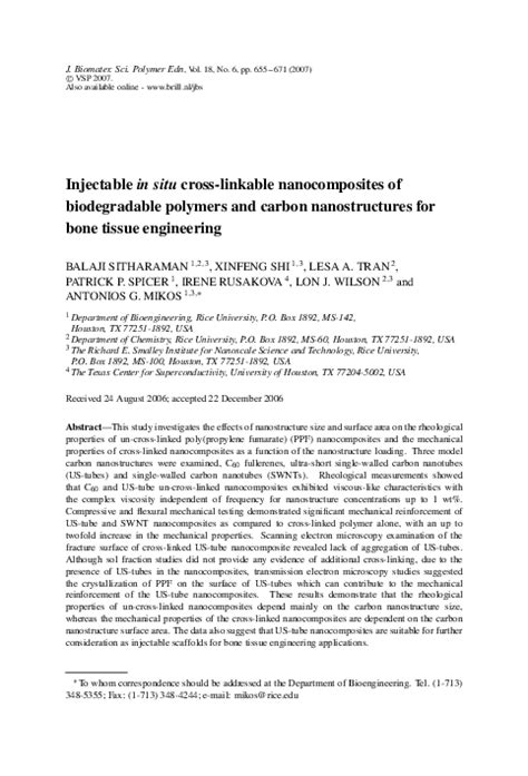 Pdf Injectable In Situ Cross Linkable Nanocomposites Of Biodegradable