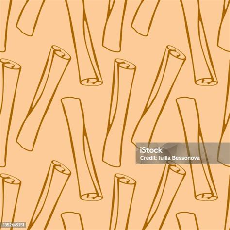 낙서 스타일의 윤곽 계피 스틱의 벡터 원활한 패턴 조미료 향신료 베이킹 성분 뜨거운 음료 아로마테라피 요리가 있는 배경 또는 질감 가지 식물 부위에 대한 스톡 벡터 아트 및