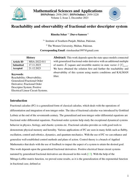 Pdf Reachability And Observability Of Fractional Order Descriptor System