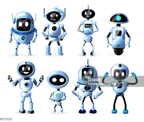 로봇 캐릭터 벡터 세트입니다 흰색 배경의 로봇 캐릭터는 복고풍 컬렉션 디자인을 위해 서 있는 포즈를 취하고 있습니다 로봇에 대한 스톡 벡터 아트 및 기타 이미지 Istock