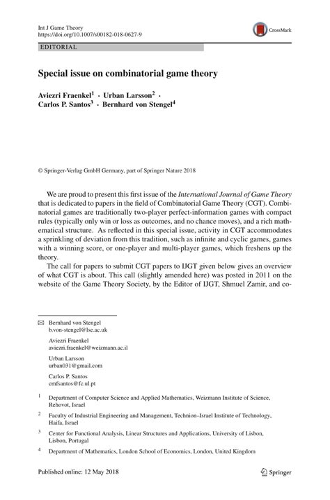 Pdf Special Issue On Combinatorial Game Theory