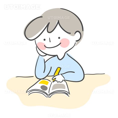 유토이미지 턱을 괴고 연필을 들고 책을 보고 있는 아이