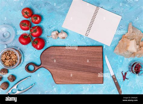 Healthy Ingredient Kitchen Utensil With Open Blank Diary Blue Textured