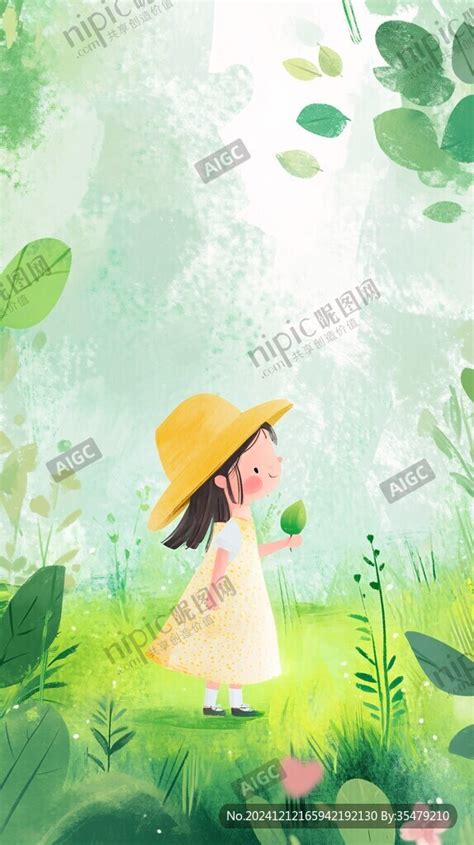 Ai创作图插画绿叶女孩 春天春季春游踏青 绿色淡雅插画风 春天踏青插画 悠闲草地插画 墨绿色女孩插画 手绘植树节春天插画 春游踏青春天踏青 春季女孩插画 春天插画一起踏青 春游春天踏青 踏青