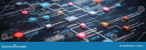 Digital Illustration Of A Business Process Flowchart With Tech Elements Like Servers And Clouds