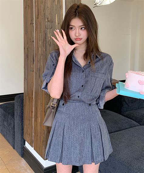 샤샤클럽 당일발송 여름신상 투피스 Set S~xl Made 페이크 데님 롤업 반팔 카라 셔츠 하이웨스트 A라인 플리츠 테니스 미니 스커트 치마 세트 셋업 Z