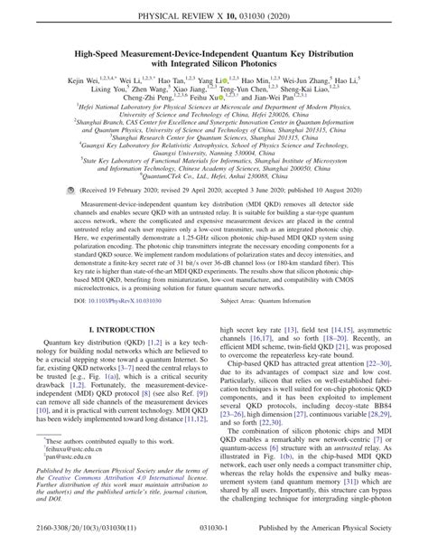 Pdf High Speed Measurement Device Independent Quantum Key Distribution With Integrated Silicon