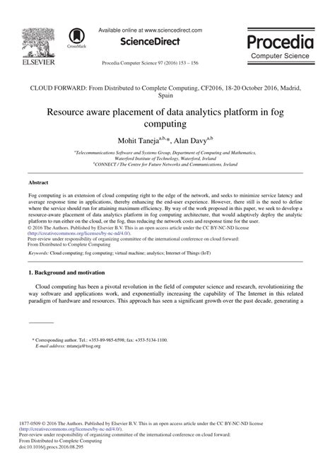 Pdf Resource Aware Placement Of Data Analytics Platform In Fog Computing