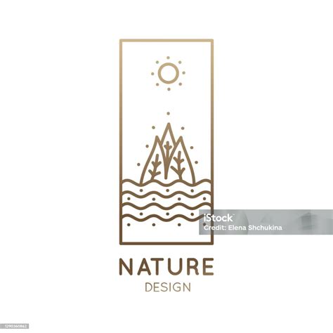 자연 요소의 벡터 직사각형 로고 나무 강 태양이 있는 선형 수직 아이콘 비즈니스 엠블럼 여행 농업 및 생태 개념 건강 및 요가 센터를 위한 배지 0명에 대한 스톡 벡터 아트