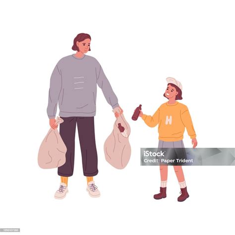 쓰레기를 쓰레기 봉투에 모으는 어머니와 아이 성인이 쓰레기로부터 환경을 청소하도록 돕는 어린이 쓰레기를 줍는 가족 자원 봉사자 흰색 배경에 격리된 플랫 벡터 일러스트 레이