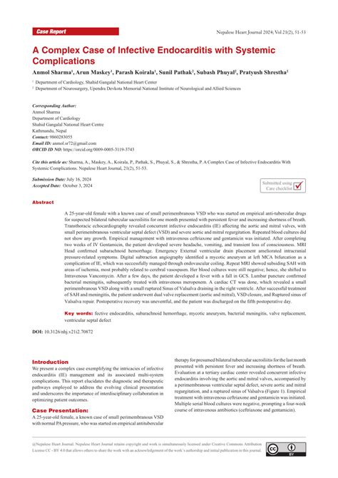 Pdf A Complex Case Of Infective Endocarditis With Systemic Complications