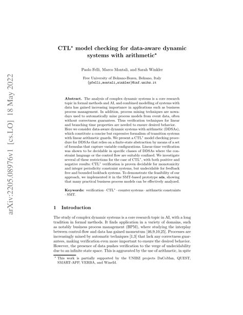 Pdf Ctl Model Checking For Data Aware Dynamic Systems With Arithmetic