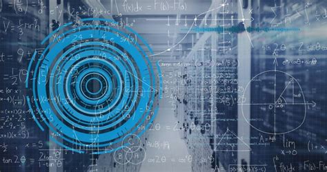 Image Of Round Scanner And Mathematical Equations Against Computer Server Room Stock Image