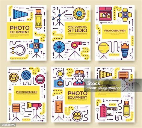 얇은 선 사진 책자 카드의 장비를 설정합니다 전단지 잡지 포스터 책 표지 배너의 사진 스튜디오 항목 템플릿 카메라 초대 개념 배경입니다 개요 레이아웃 페이지입니다 Usb