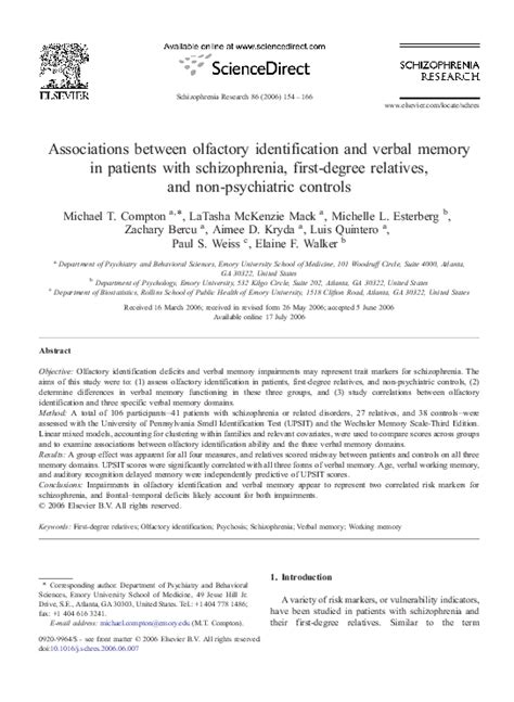Pdf Associations Between Olfactory Identification And Verbal Memory In Patients With