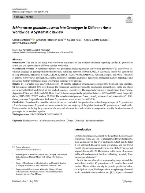 Pdf Echinococcus Granulosus Sensu Lato Genotypes In Different Hosts Worldwide A Systematic Review