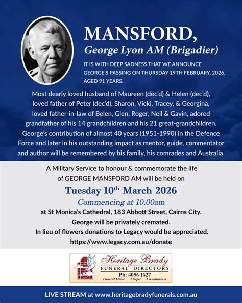 Brigadier George Mansford Am Funeral Notice Royal Australian