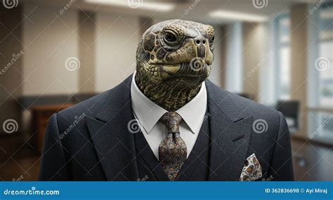 Turtle In Business Suit Standing In Office For Corporate Humor Stock