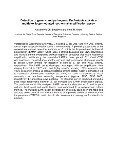Pdf Detection Of Generic And Pathogenic Escherichia Coli Via A Multiplex Loop Mediated