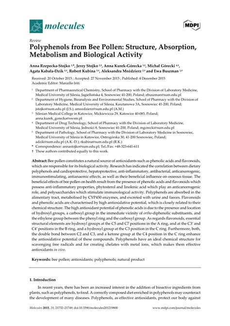 Pdf Polyphenols From Bee Pollen Structure Absorption Metabolism