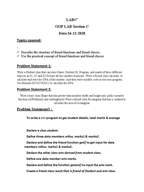 Lab7 Oop Lab Section C Date16 12 2020 Topics Covered Pdf