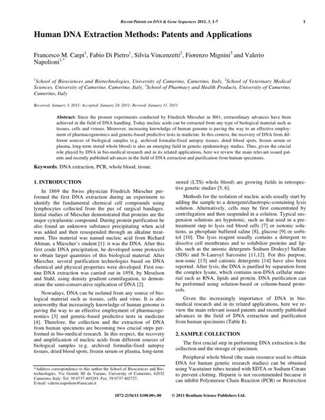 Pdf Human Dna Extraction Methods Patents And Applications
